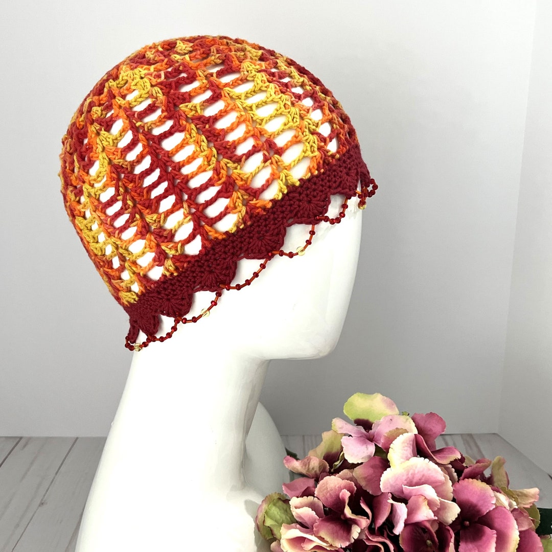 Crochet Flapper Hat With Beads in Red Orange and Yellow Cotton, Juliet ...