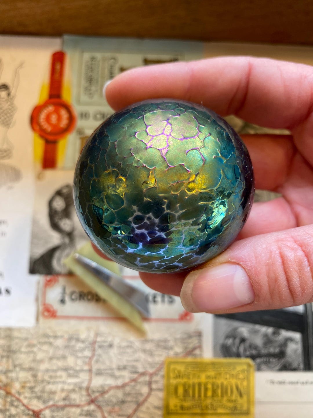 Vintage Iridescent Glass Paperweight, Glass Pebble, Unsigned, Possibly ...