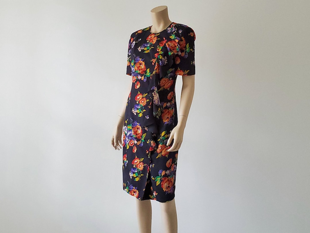 80s Floral Dress: Vintage Ann Tobias Black Dress With Vermilion Buttons ...