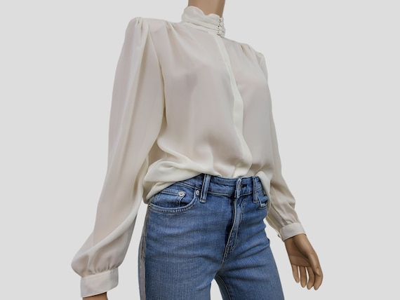 1970s/80s Vintage High Neck Blouse, Button Neck Blous… - Gem