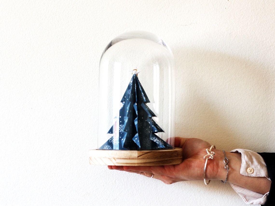 Origami Glass Cloche X Paper Tree / Snowflakes Pattern on | Etsy