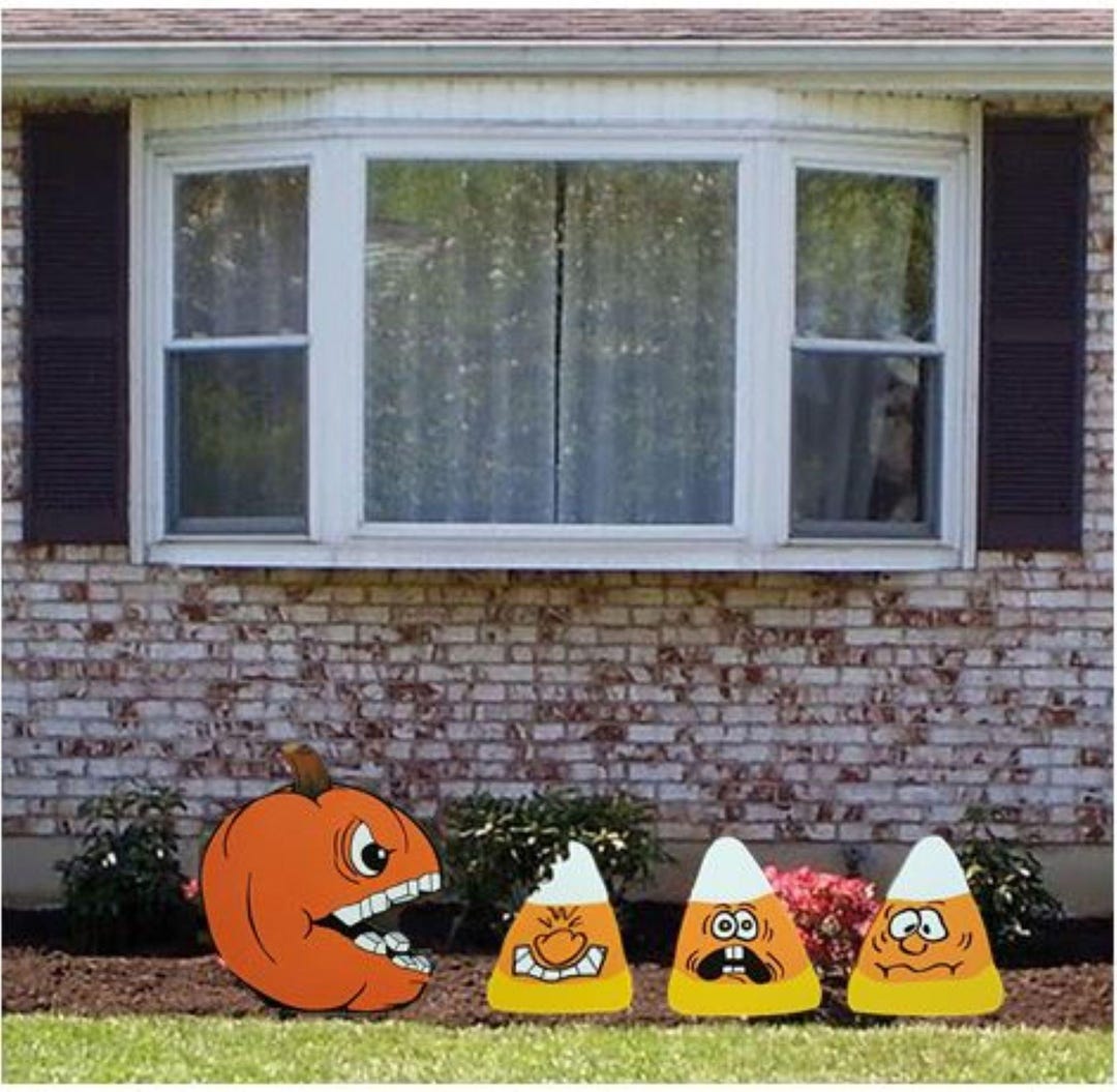 Halloween Yard Art Set: Pumpkin Chasing Candy Corn - Outdoor Decor - Etsy