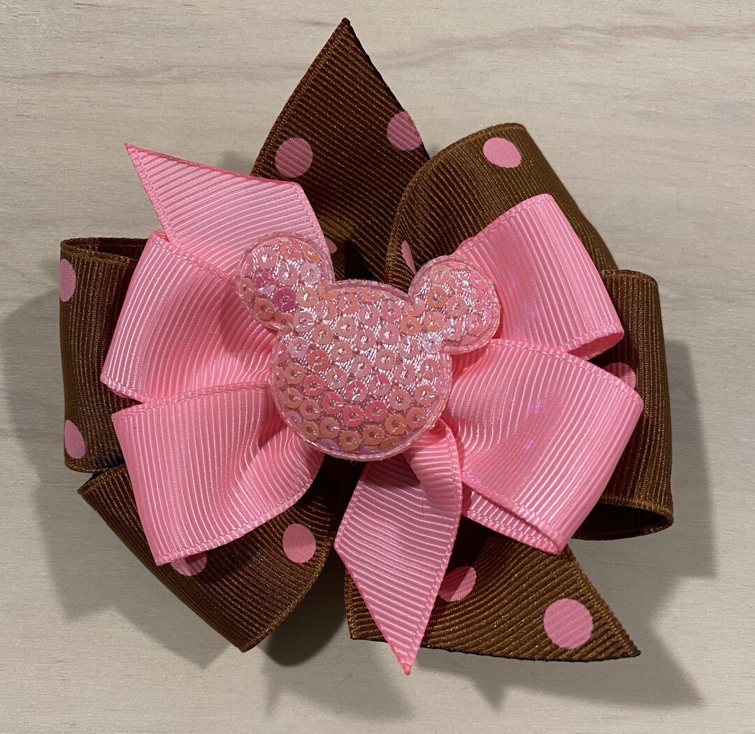 Mickey Mouse Hair Bow, Minnie Mouse Hair Bow, Brown and Pink Bow, Hair ...