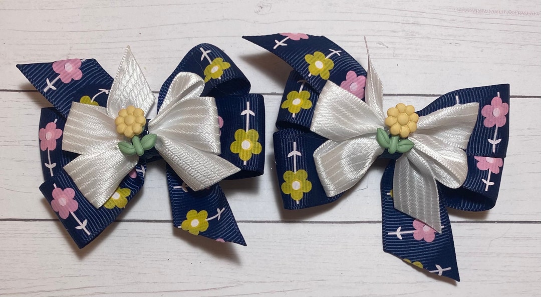 Flower Hair Bows, Beautiful Flower Bows, Navy Blue Butterfly Bows ...
