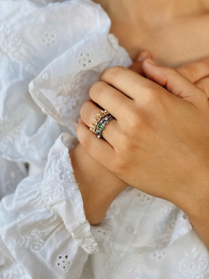 Elven wedding rings set Gold leaves and Branch ring | Etsy