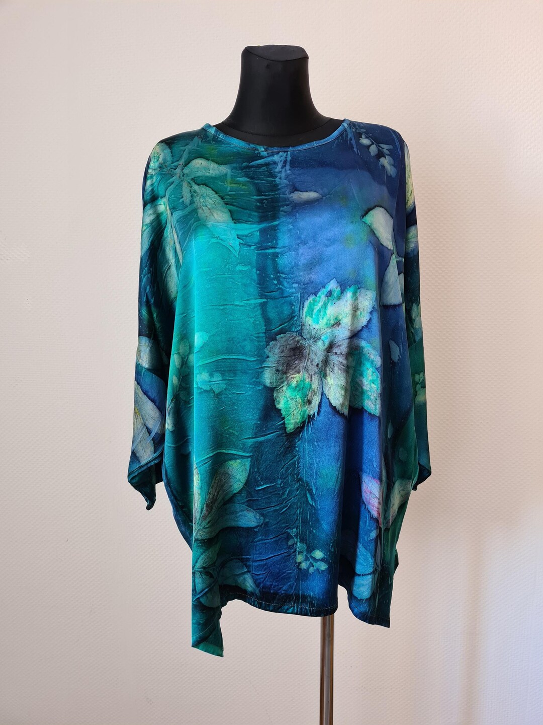 Silk Blouse,botanical Print Blouse,blue Loose Blouse, Unique ...