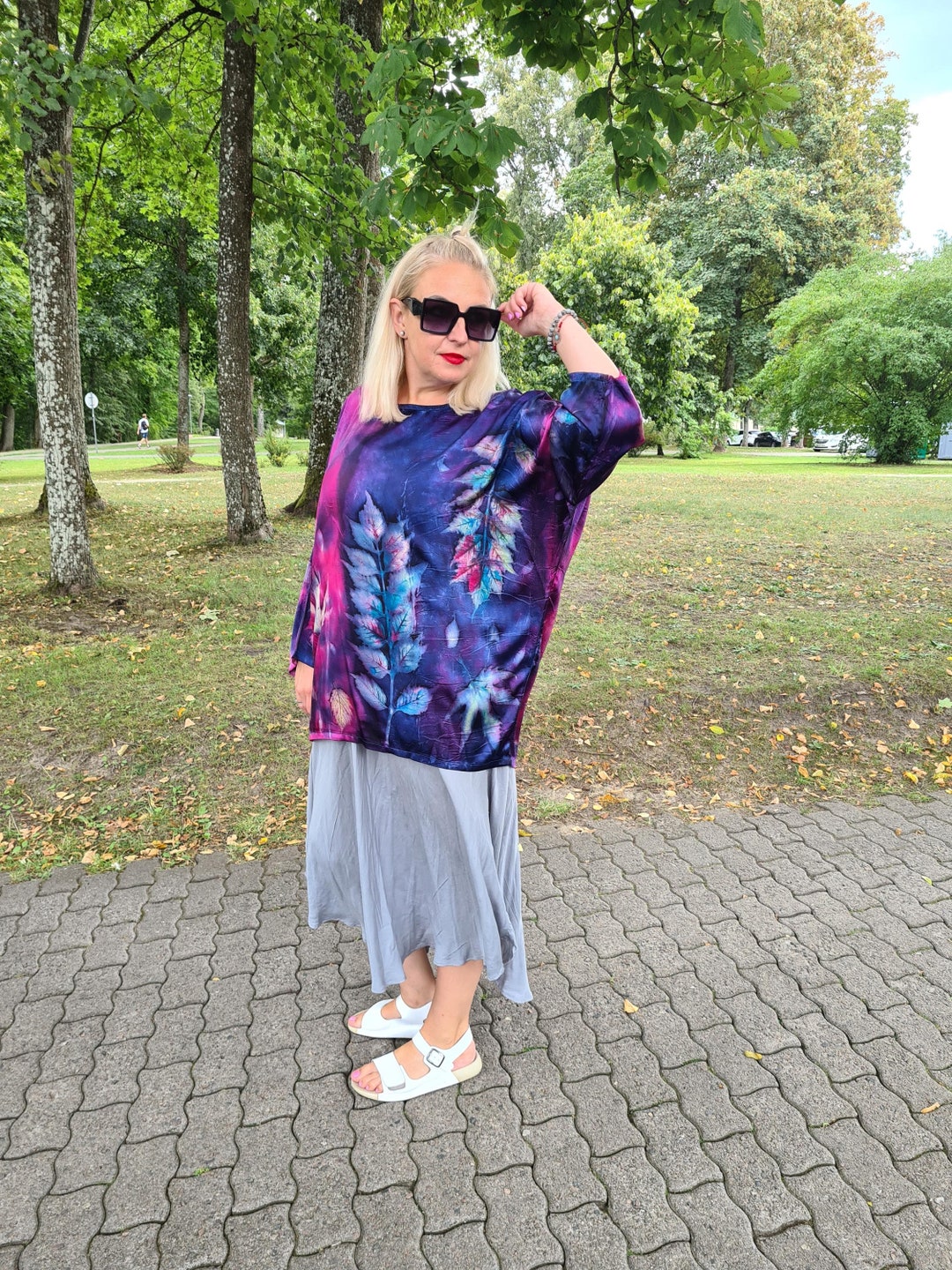 Pink Blue Silk Blouse, Botanical Print Blouse, Women's Loose Blouse ...