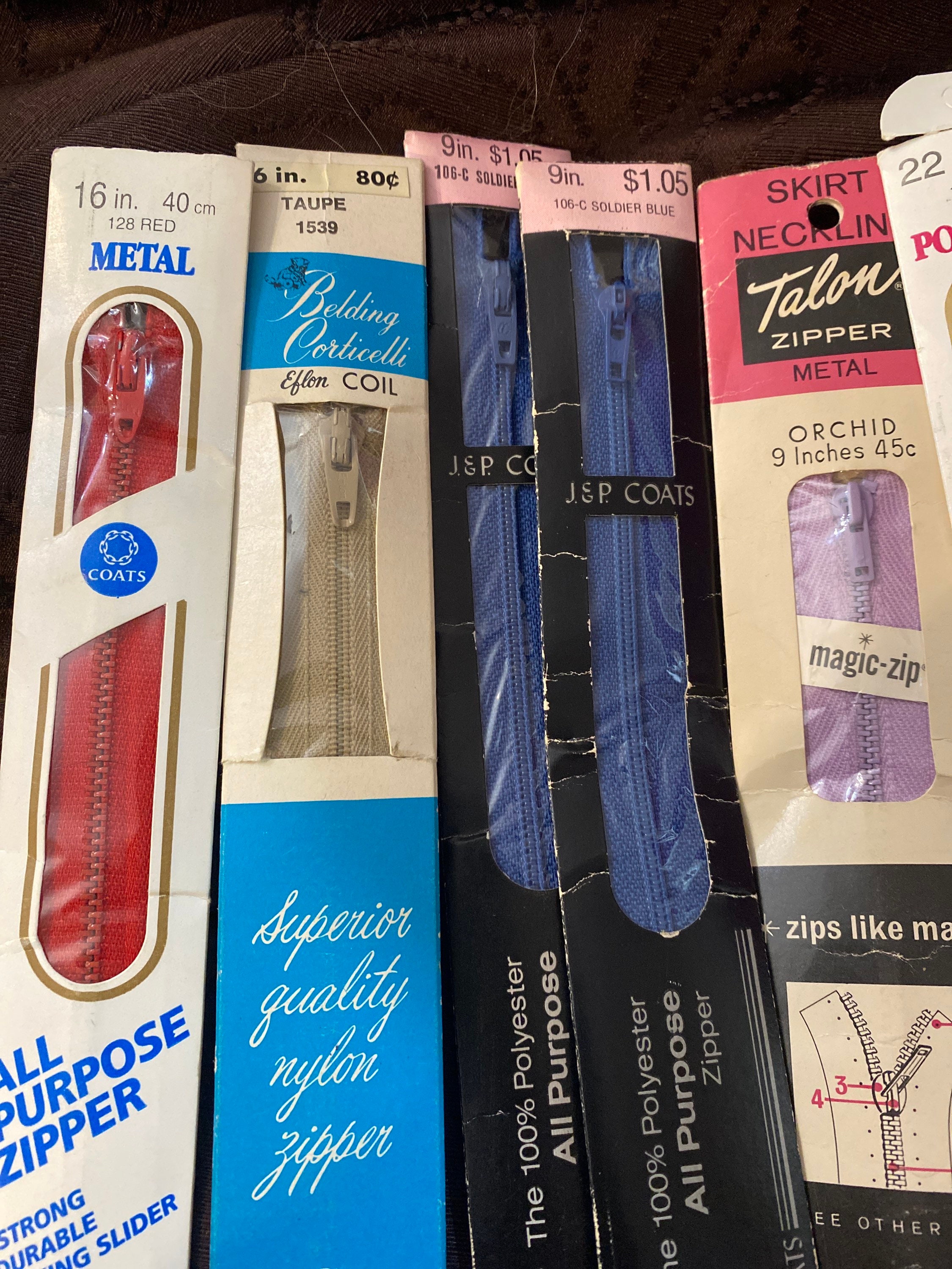 Lot of 9 VINTAGE ZIPPERS 1970's 1980's by Coats & Clarks Talon Belding ...