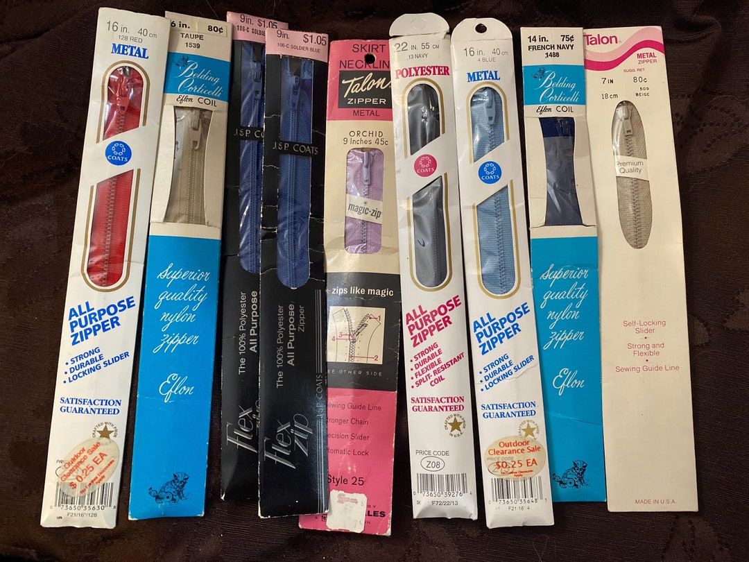 Lot of 9 VINTAGE ZIPPERS 1970's 1980's by Coats & Clarks Talon Belding ...