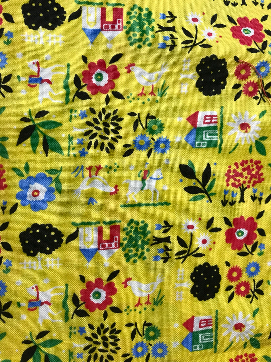Vintage Folk Art Fabric Sold by the Yard on Yellow - Etsy