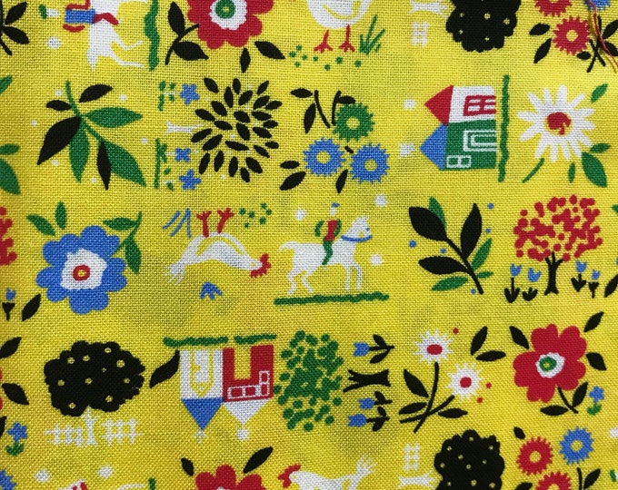 Vintage Folk Art Fabric Sold by the Yard on Yellow - Etsy