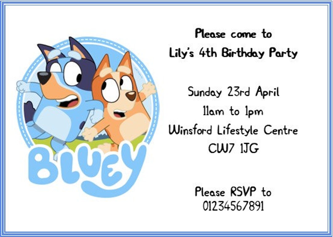 Bluey Birthday Party Invitations Personalised (pack of 12 With ...