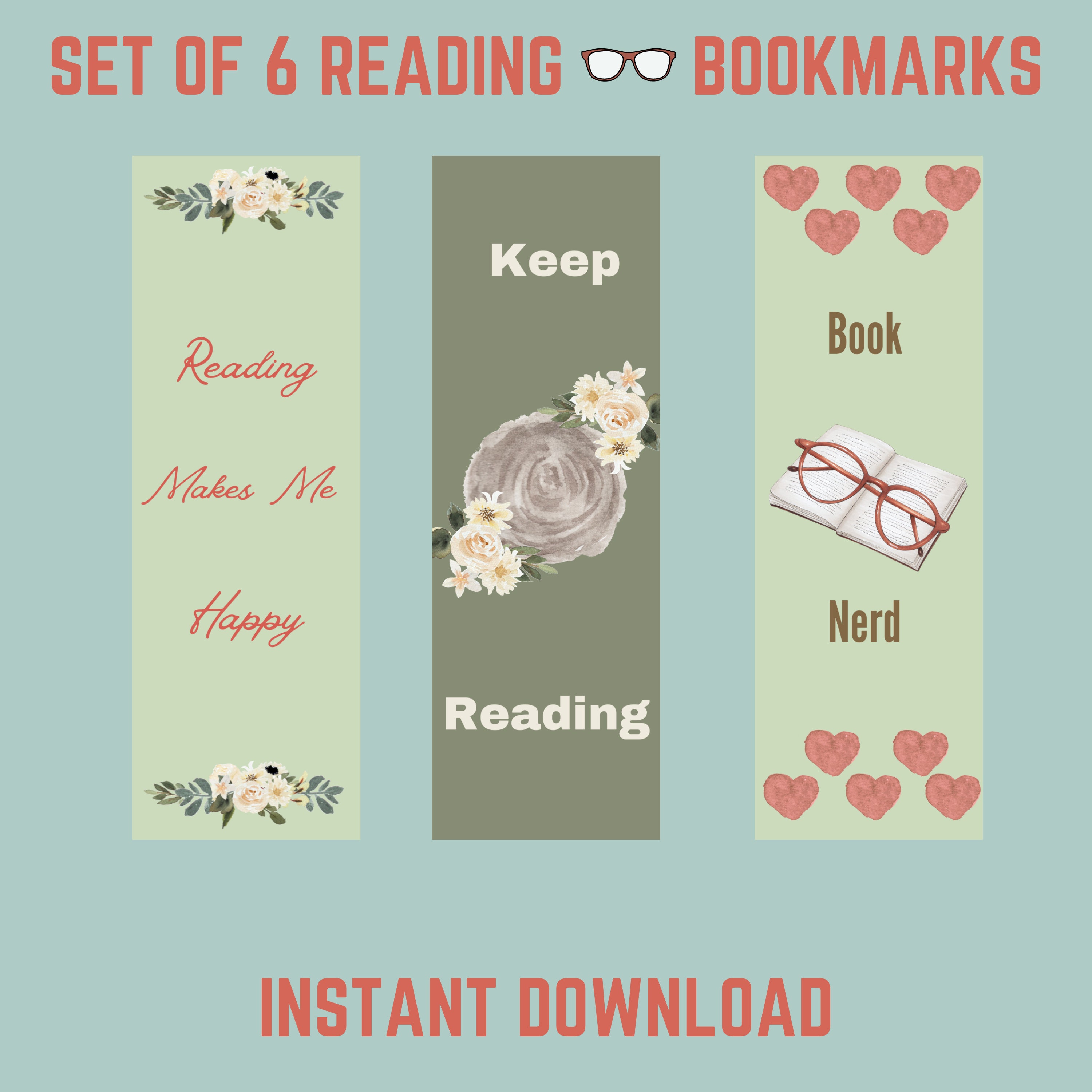 Set of 6 Reading Bookmarks, Digital Bookmarks, Printable Bookmarks ...