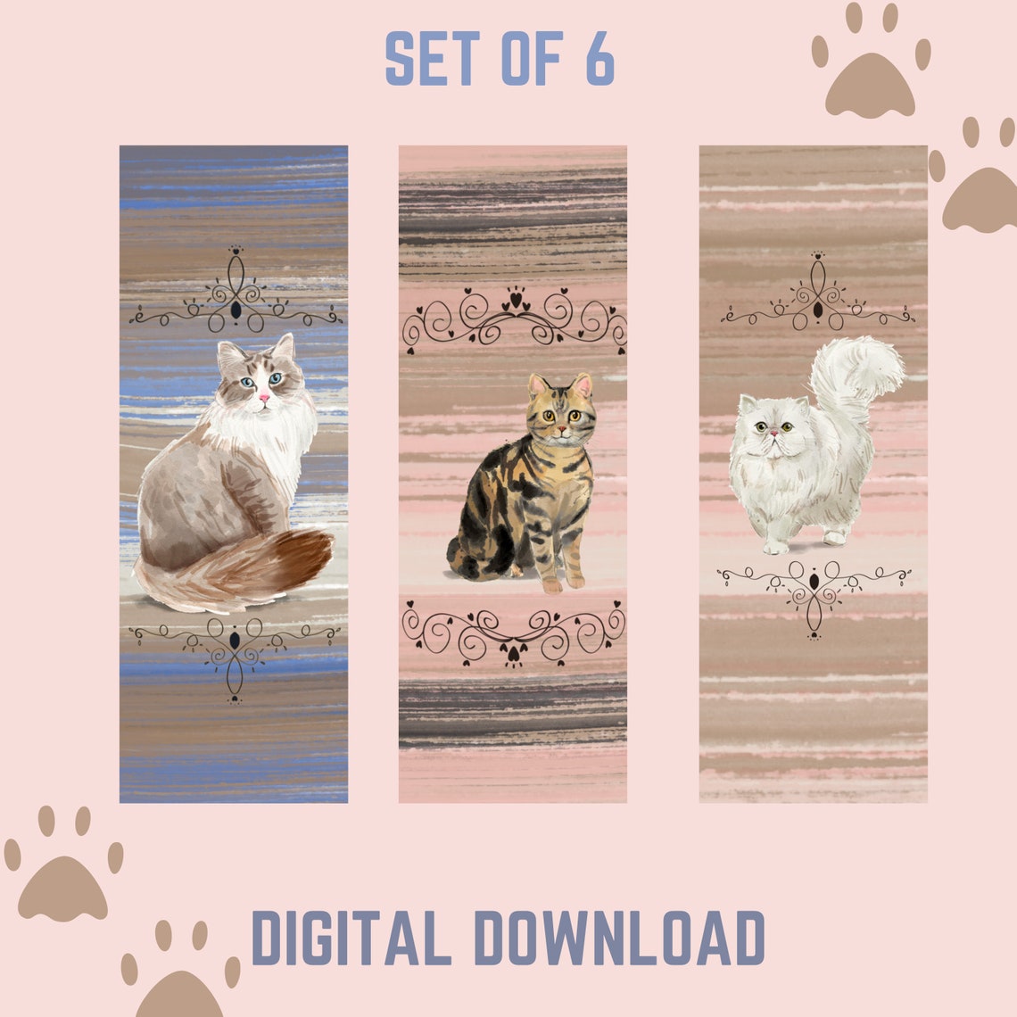 Printable Cat Bookmarks Set of 6 Cat Bookmarks Cute Cate - Etsy