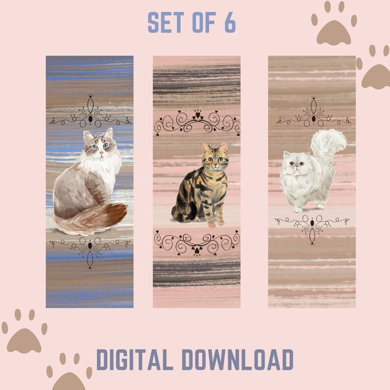 Printable Cat Bookmarks, Set of 6 Cat Bookmarks, Cute Cate Bookmarks ...