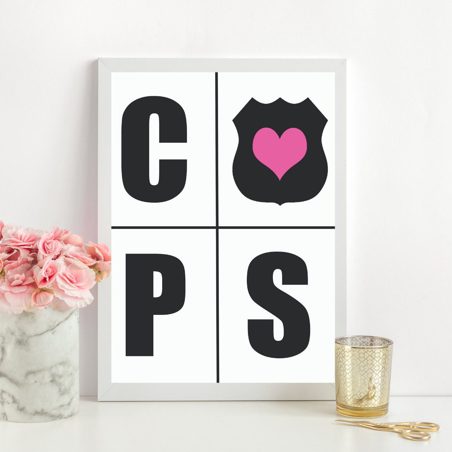 Printable Cop Gift, Badge Cop Pink Heart Art Print, Cop Wall Decor ...
