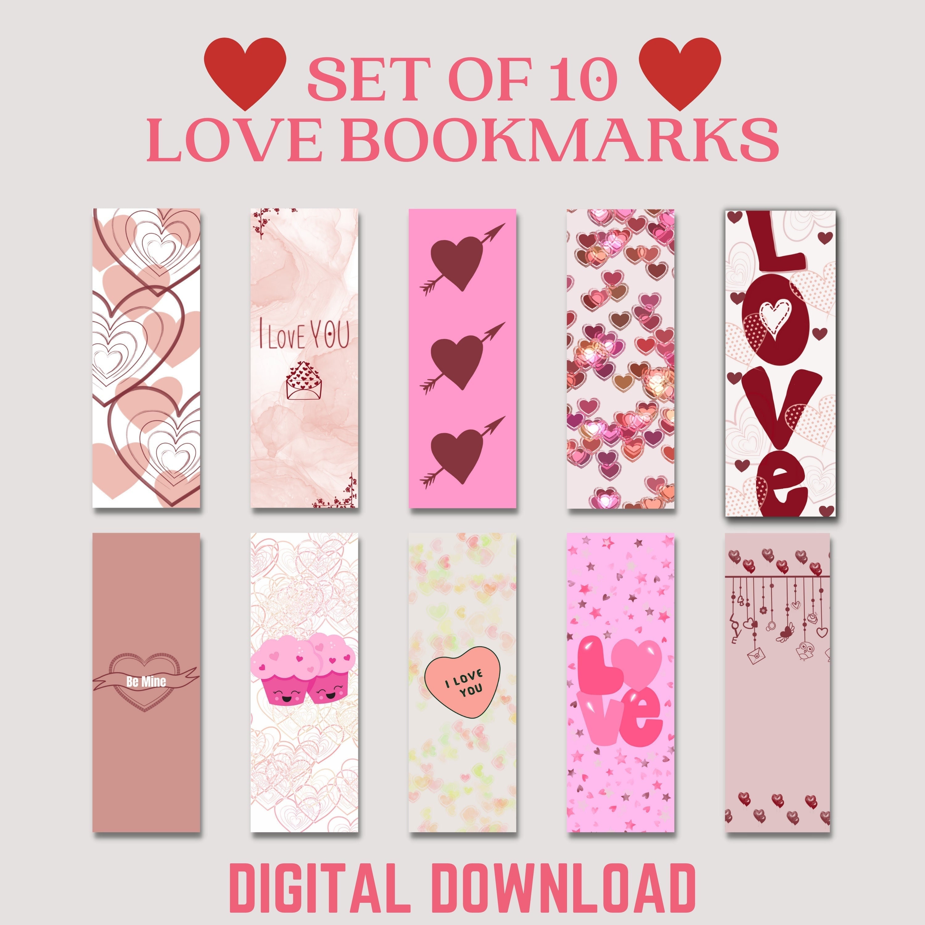 Love Bookmarks Set of 10, Valentine's Day Bookmark, 2x6 Bookmark ...
