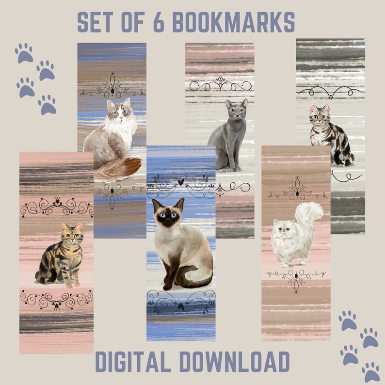 Printable Cat Bookmarks, Set of 6 Cat Bookmarks, Cute Cate Bookmarks ...