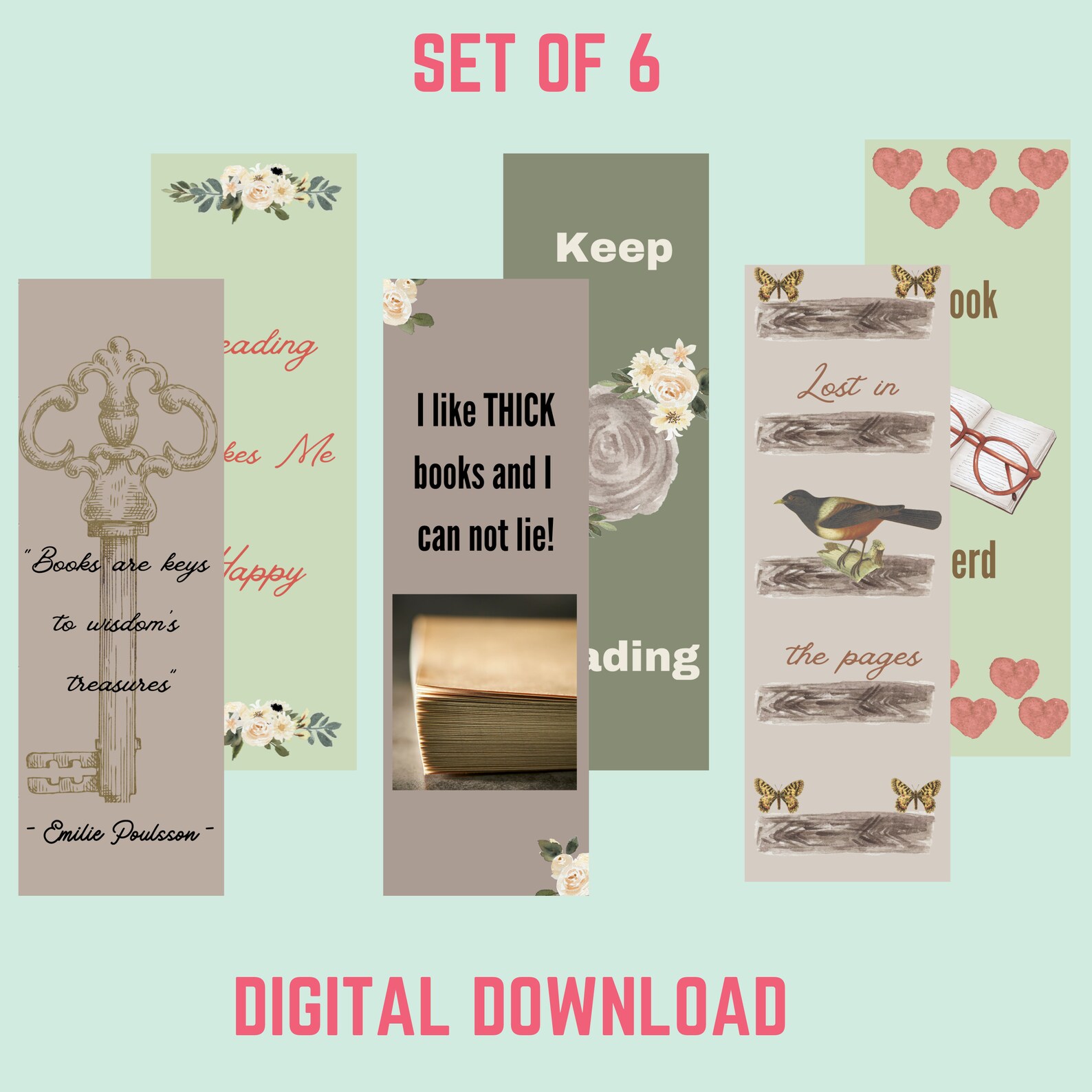 Set of 6 Reading Bookmarks, Digital Bookmarks, Printable Bookmarks ...
