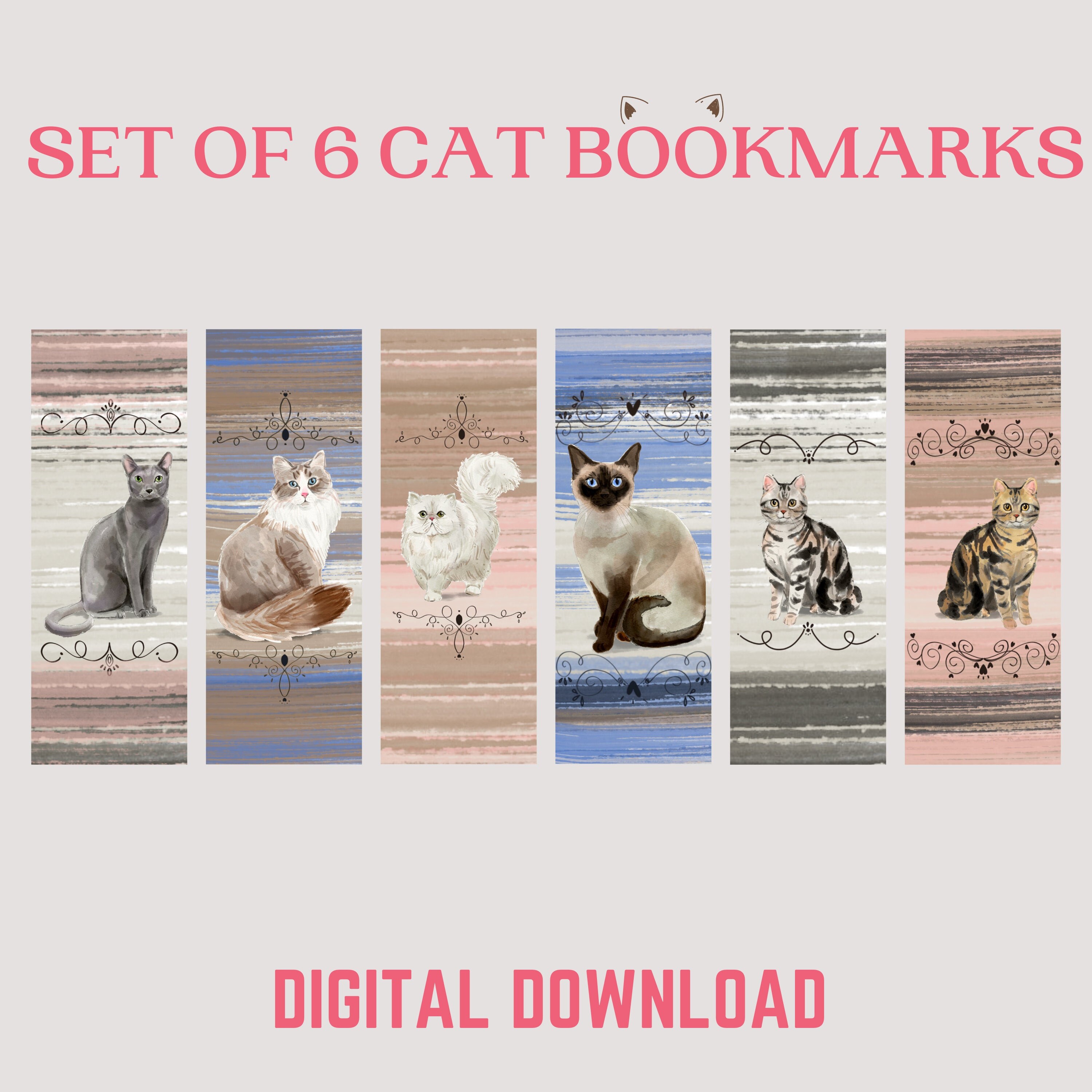 Printable Cat Bookmarks, Set of 6 Cat Bookmarks, Cute Cate Bookmarks ...