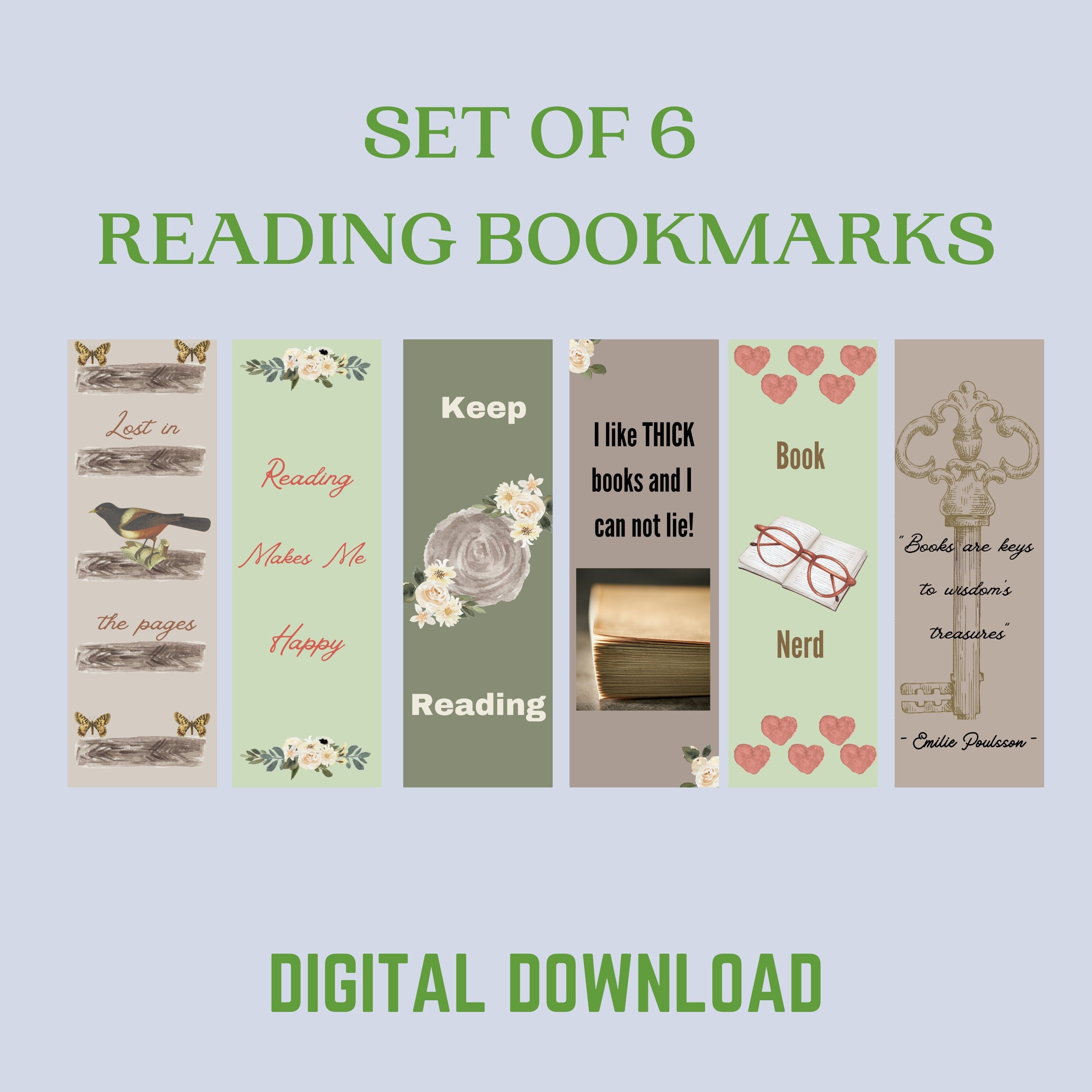 Set of 6 Reading Bookmarks, Digital Bookmarks, Printable Bookmarks ...