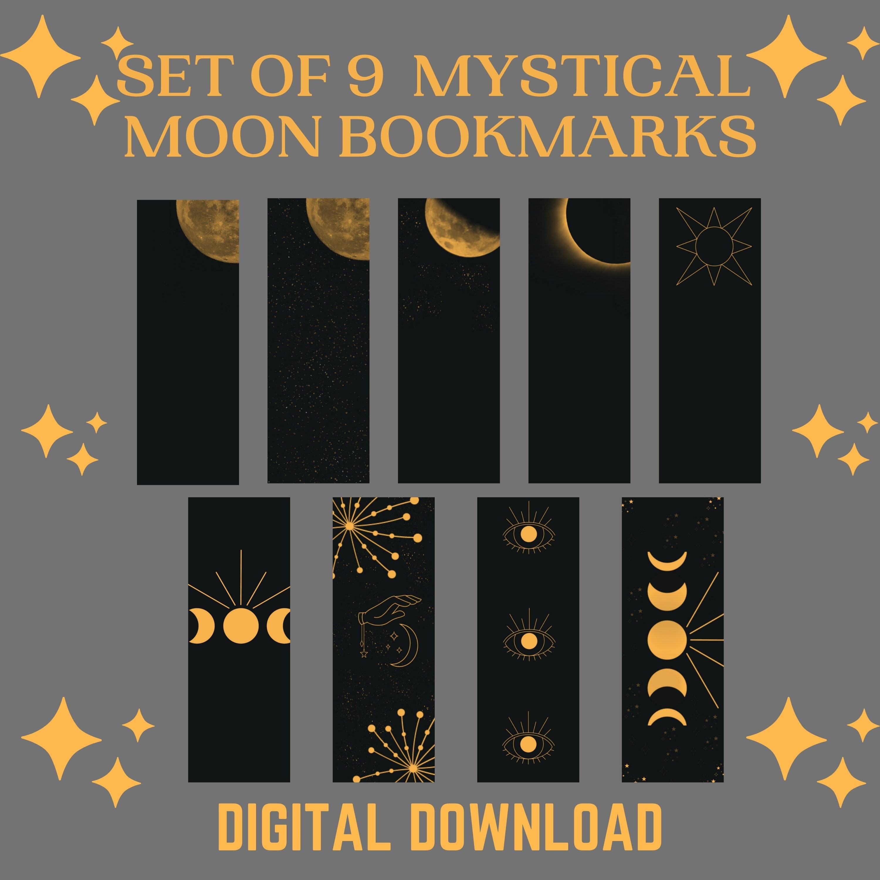Mystical Moon Bookmarks Set of 9, Printable Moon Bookmarks, 2x6 ...