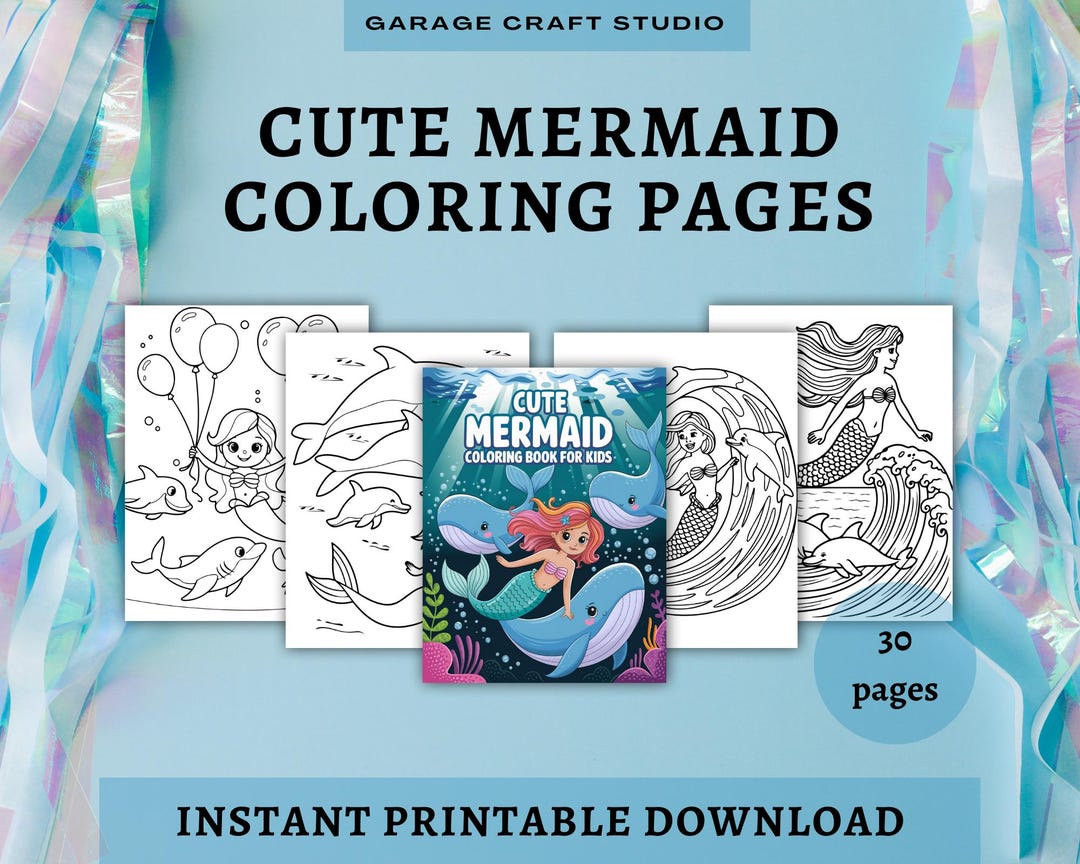 Mermaid Coloring Pages for Kids Digital Printable Book Cute Ocean ...