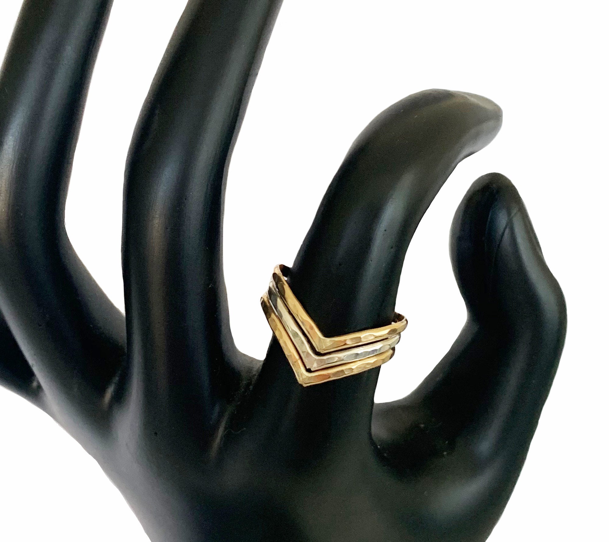 Triple Strand Chevron V Ring / Sterling Silver and 14K Gold - Etsy