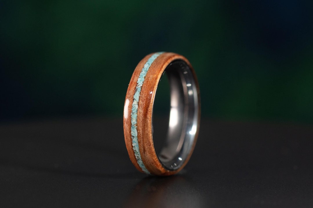 Redwood Ring With Turquoise Inlay Stripe | Tungsten Carbide Core ...