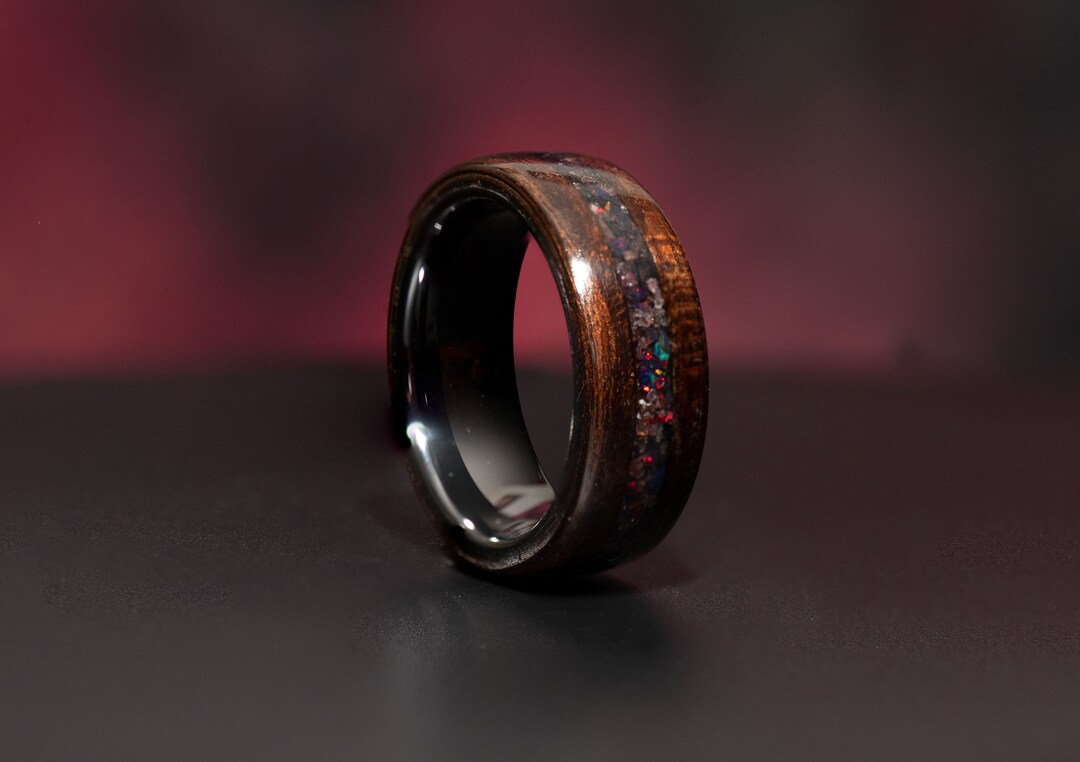 Black Ceramic and Wood Inlay Ring. Black Fire Opal, Black Tourmaline ...