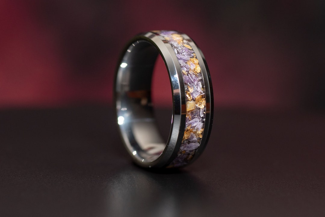Purple Jade, Gold Flake and Yellow Jasper Inlay Ring With Tungsten ...
