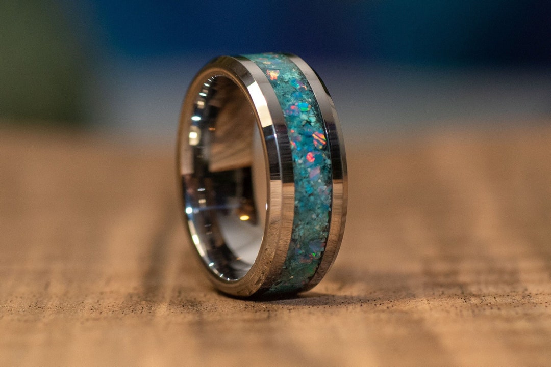 Tungsten Wedding Ring | Ocean Blue Ring | Opal Apatite and Turquoise ...