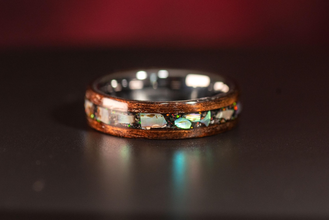 Abalone Shell Wood Ring: Black Opal Inlay, Tungsten Core - Etsy