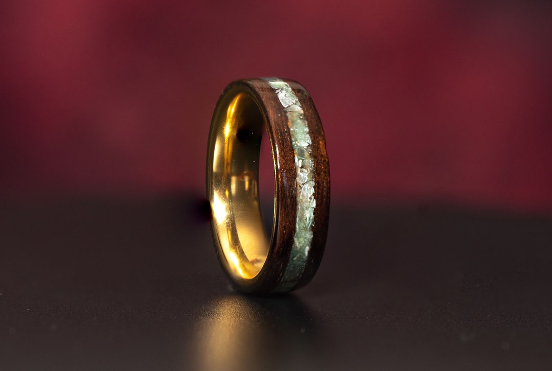 Handcrafted Wood Ring With Gold-plated Inner Core & Green Emerald and ...