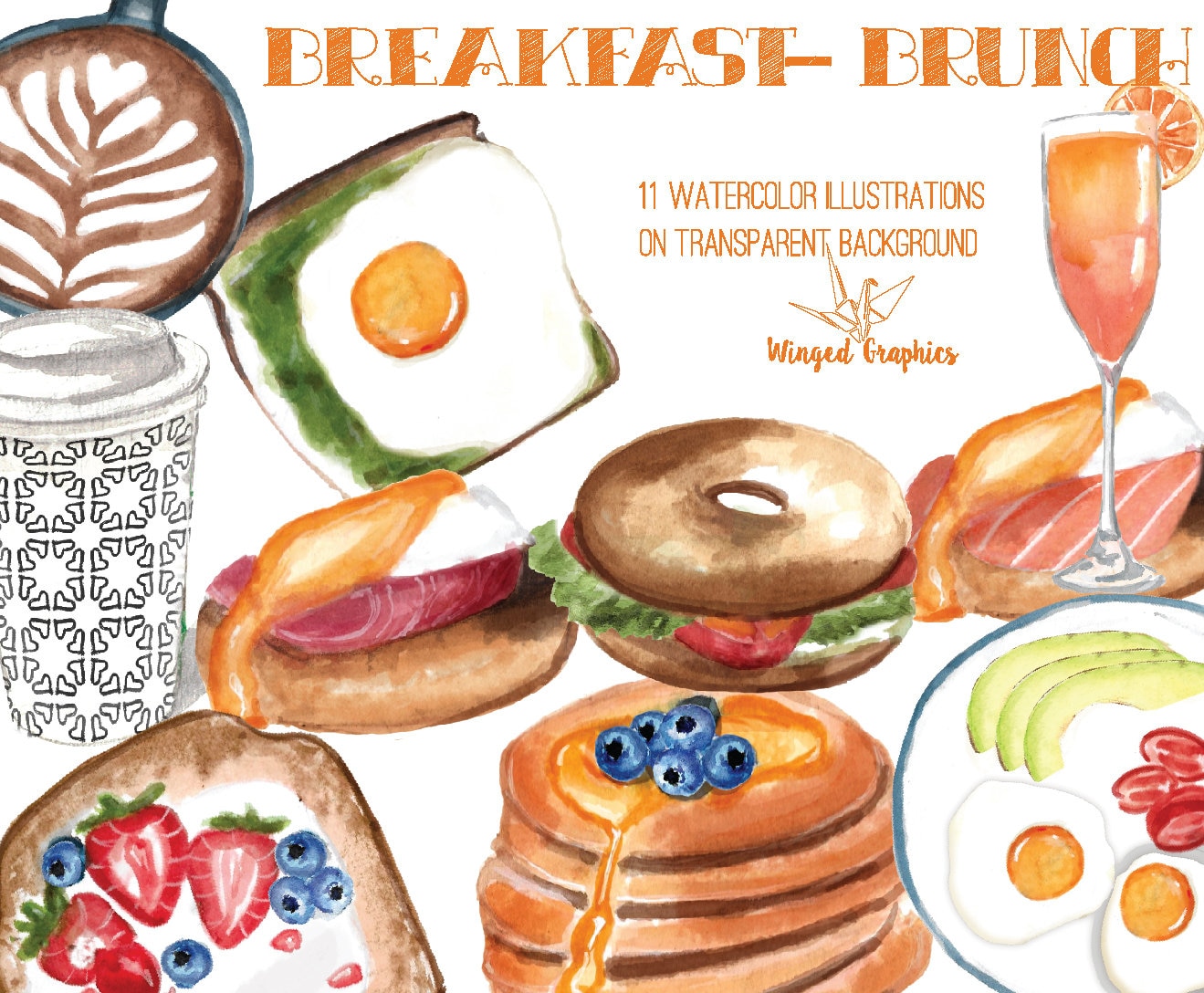 Breakfast / Brunch: Watercolor Clipart/ Illustrations ( Set of 8 ...