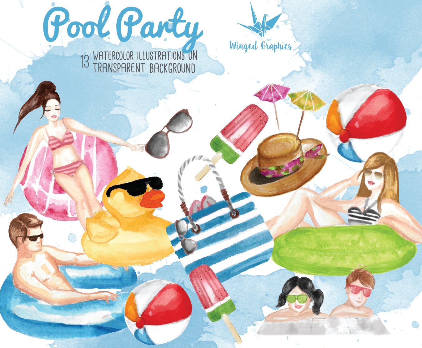 Pool Party : Digital Watercolor Clipart 10 Illustrations on Transparent ...