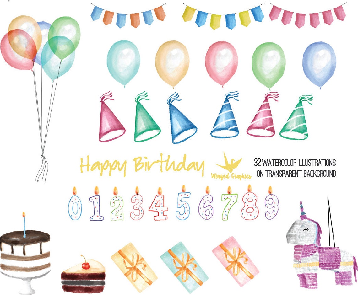 Watercolor Birthday Clipart/ Illustration Set: 32 Illustrations 300 DPI ...