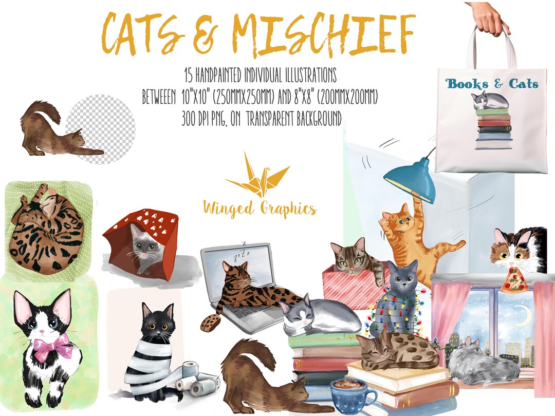 Cats and Mischief– A Hand-painted Clip Art Collection (15 Unique ...