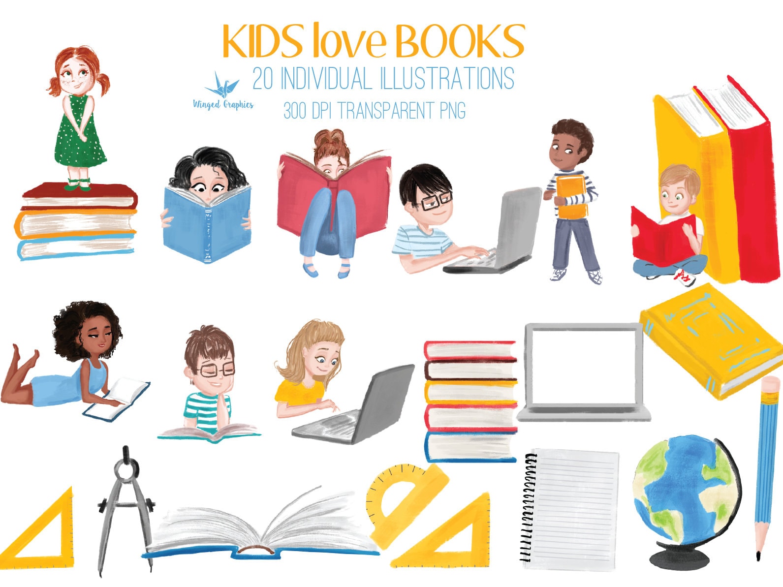 Kids Reading / Back to School Illustration Clip Art Set : Set of 20 ...