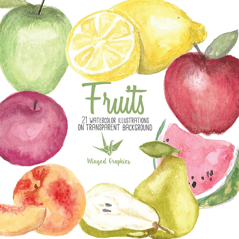 Digital Watercolour Clipart. Food Series #1: Fruits. Set of 21 ...