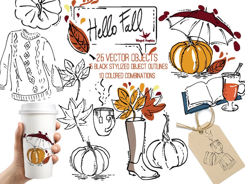 Fall / Autumn Themed Vector Illustrations, Clipart Set of 25 (15 Black ...