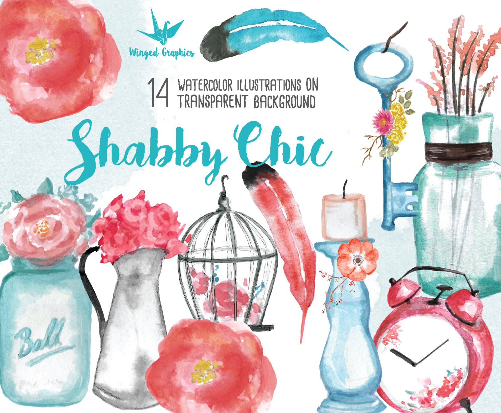 Shabby Chic/ Cottage Chic Handpainted Digitilised Watercolor Clipart ...