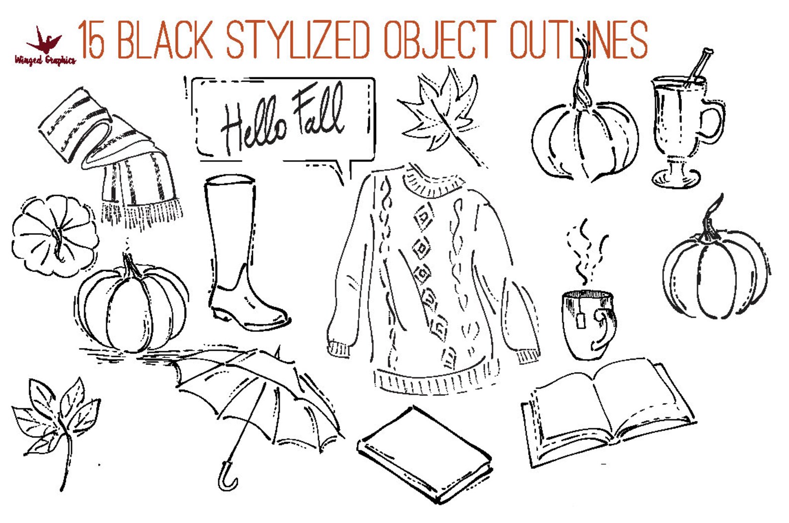 Fall / Autumn Themed Vector Illustrations, Clipart Set of 25 (15 Black ...