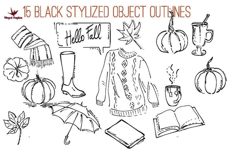 Fall / Autumn Themed Vector Illustrations, Clipart Set of 25 15 Black ...
