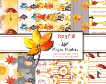 Fall Rain Paper Pack. Autumn Digital Paper Hand Painted. Umbrella ...
