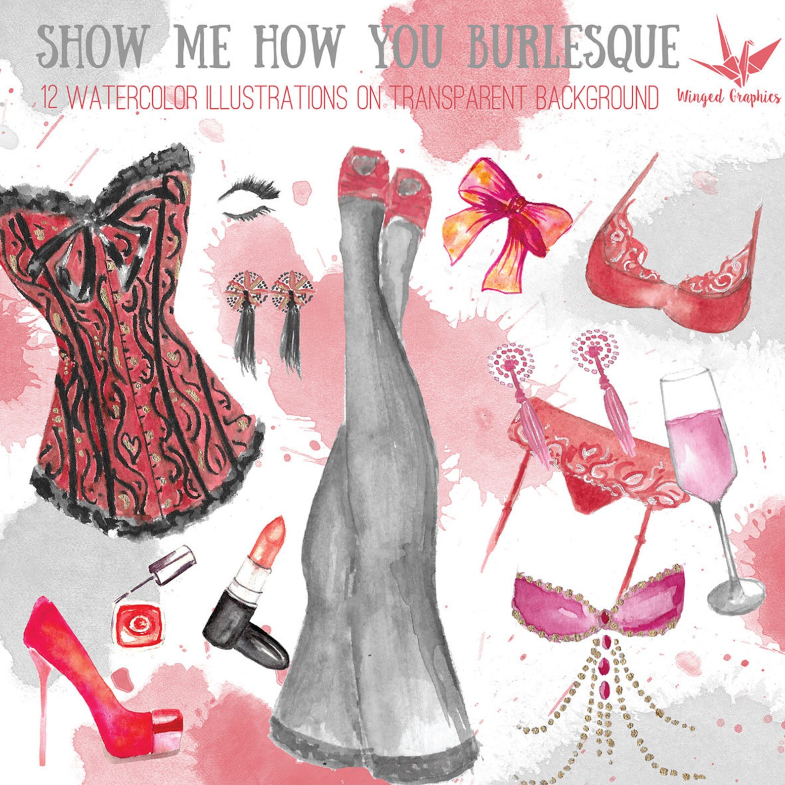 Watercolour Clipart Set: Burlesque Elements. Corsets, Lingerie ...