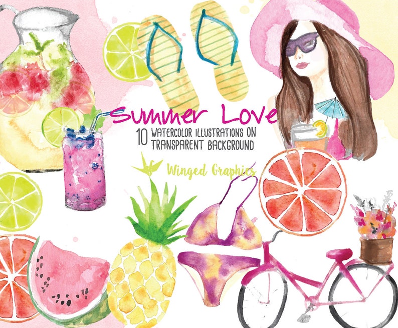 Digitalized Handpainted, Watercolor Clipart: Summer Love all Things ...