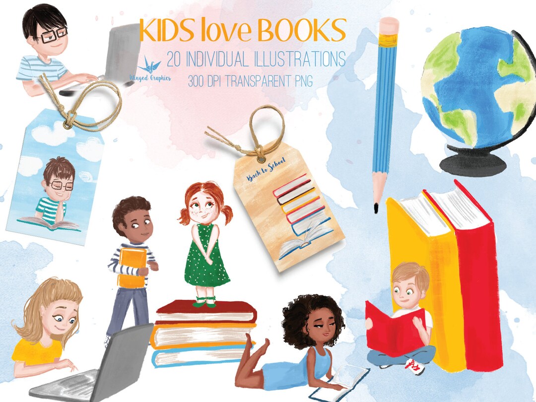 Kids Reading / Back to School Illustration Clip Art Set : Set of 20 ...