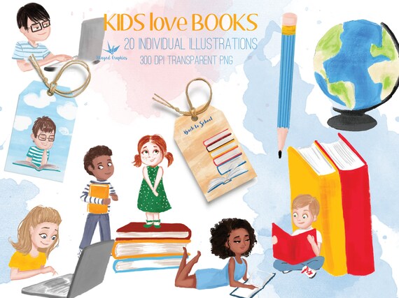 Kids Reading / Back to School Illustration Clip Art Set : Set | Etsy