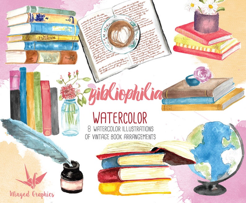 Bibliophile Watercolor Handpainted Clip Art: Books Reading - Etsy